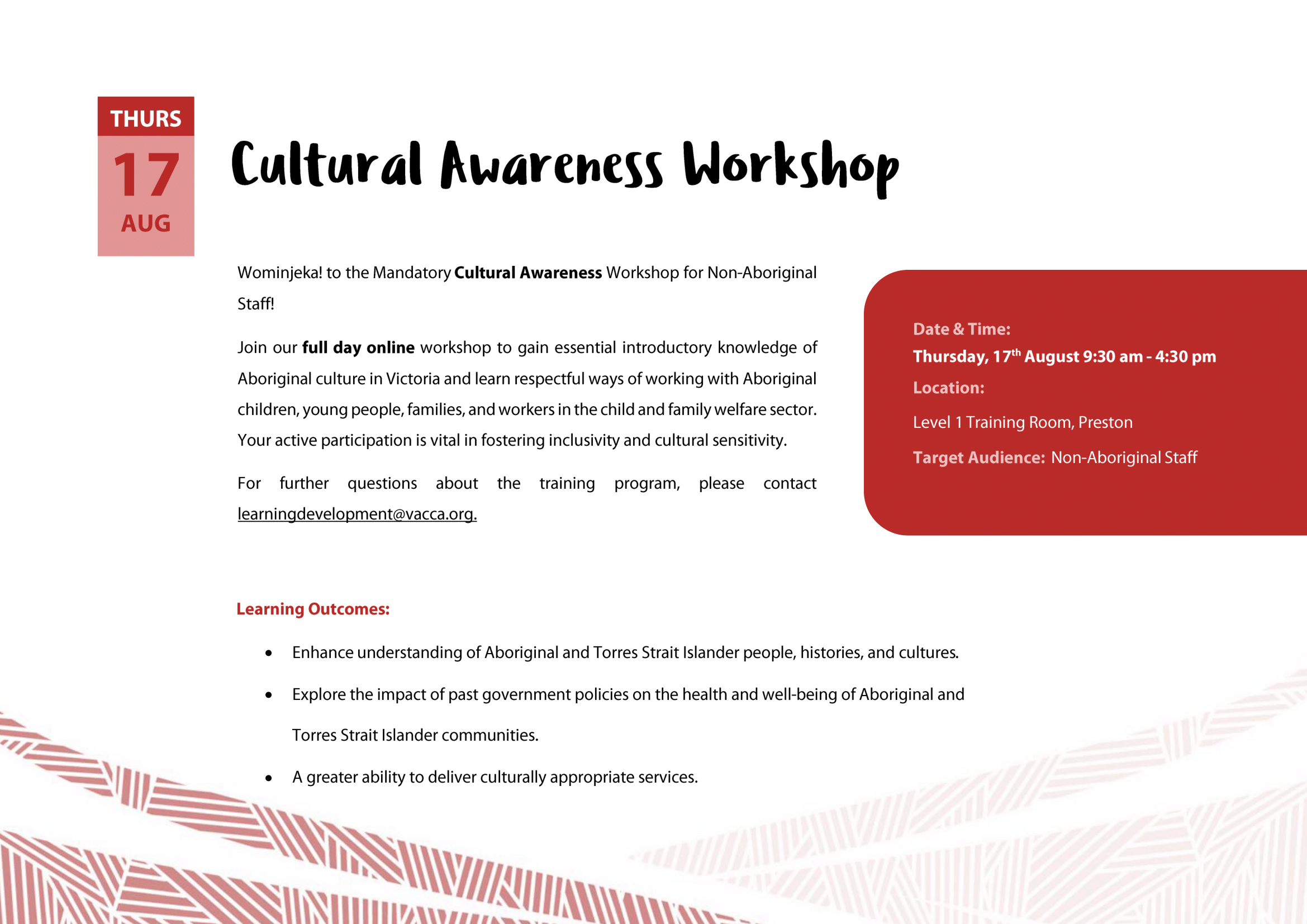 Learning@VACCA: Calendar: Day view: Thursday, 17 August 2023